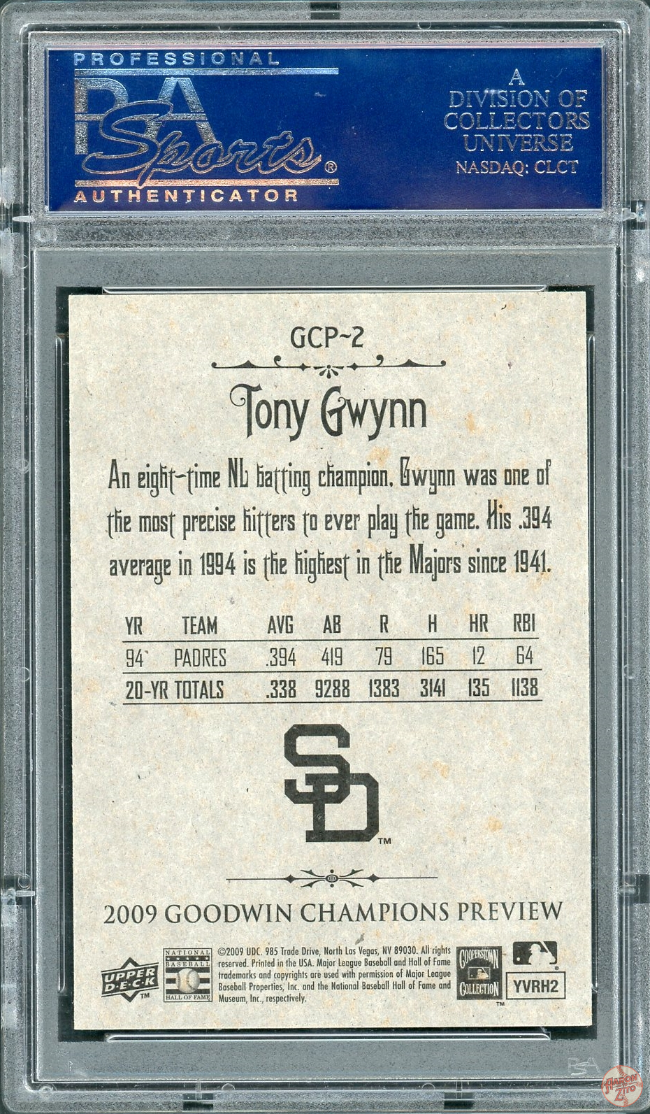 2009 U.D. Goodwin Champions Preview Tony Gwynn #GCP2 PSA 10 POP 2 (096 ...