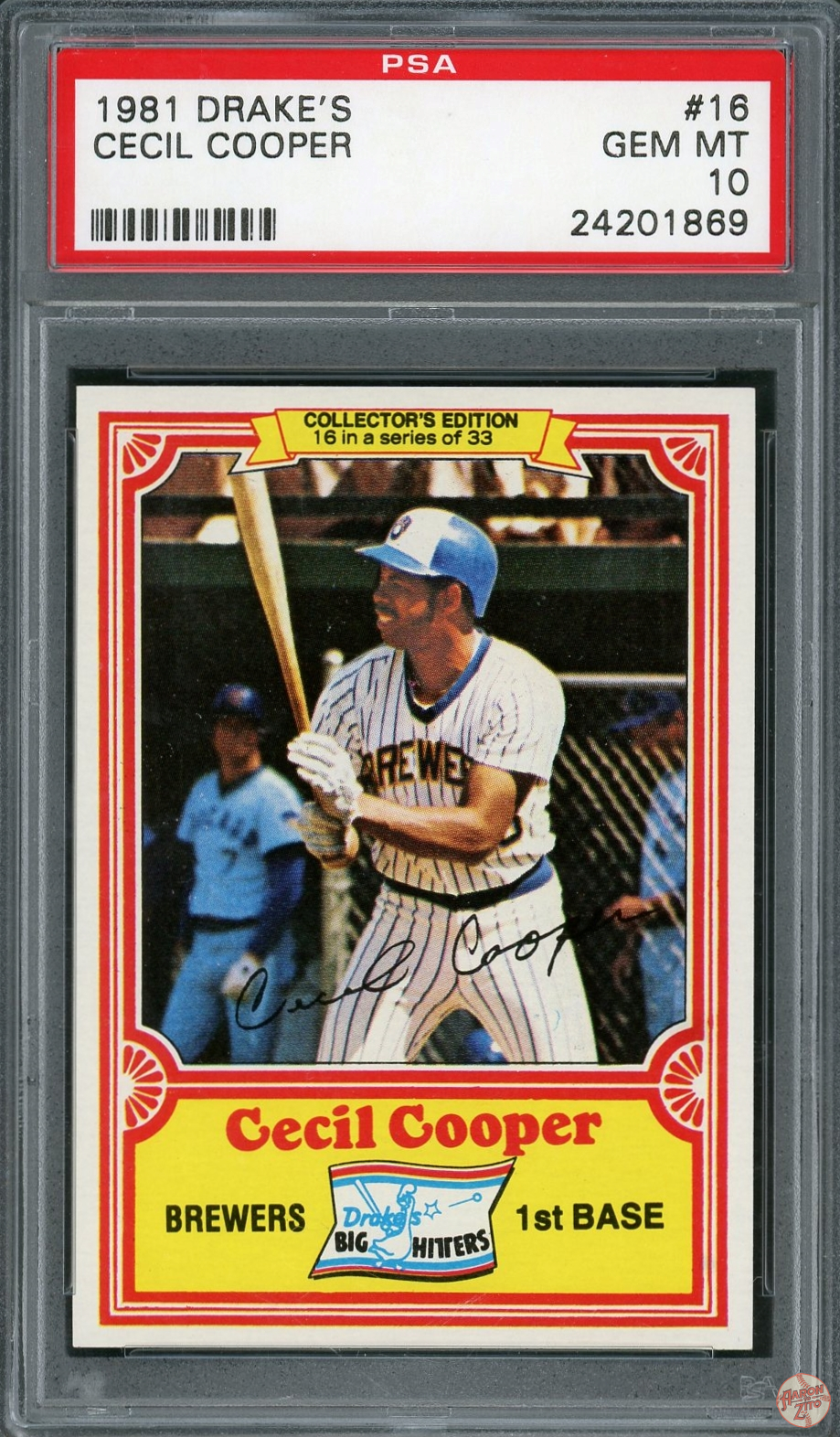 1981 Drake’s Cecil Cooper #16 PSA 10 POP 17 (869) – Aaron to Zito
