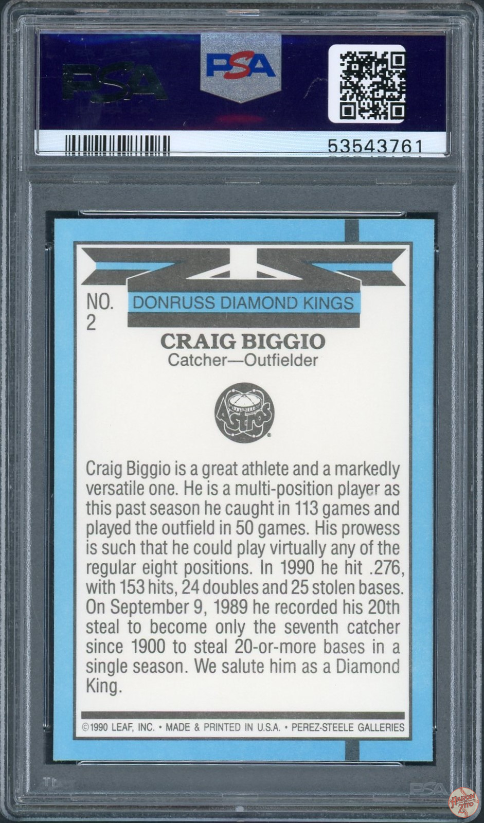 1991 Donruss Diamond Kings Craig Biggio #2 PSA 10 POP 7 (761) – Aaron ...