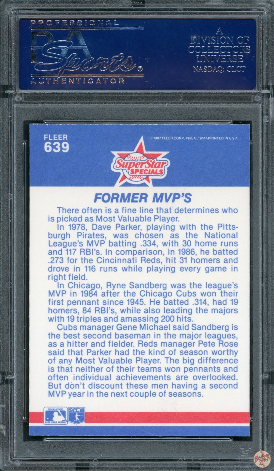 1987 Fleer Mini Dave Parker #80 PSA 10 POP 20 (311) – Aaron to Zito